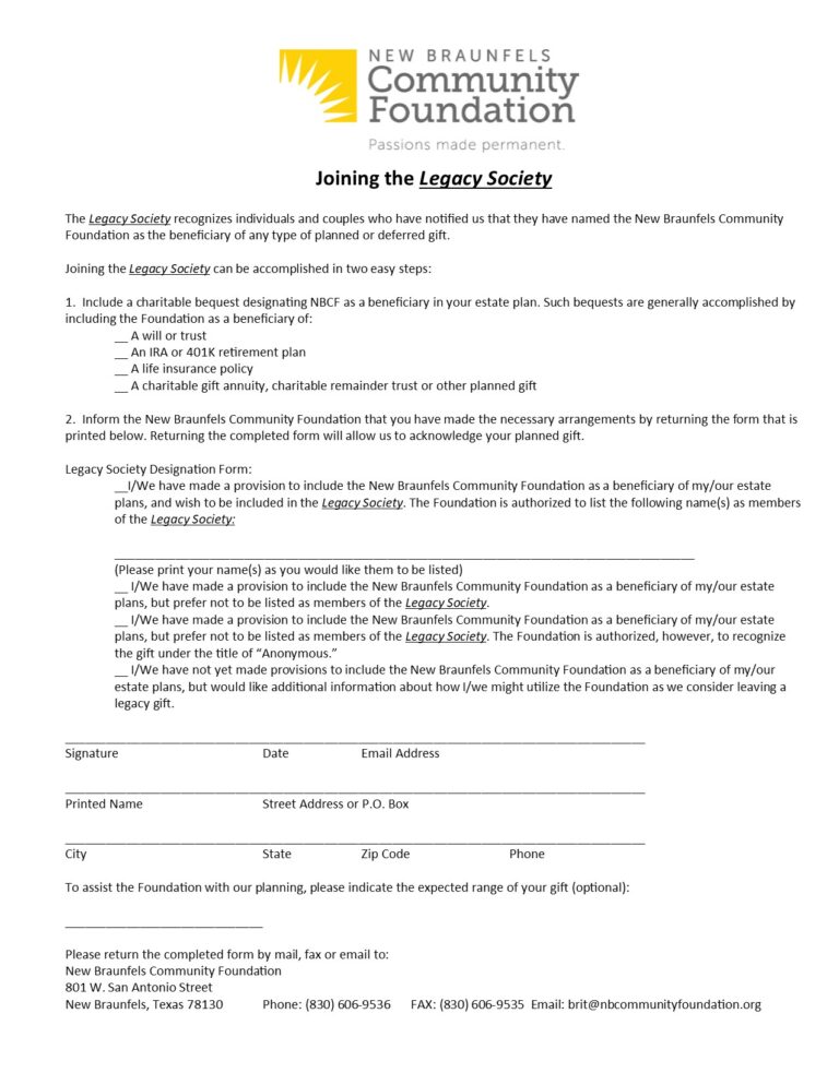 Legacy Society Form - New Braunfels Community Foundation